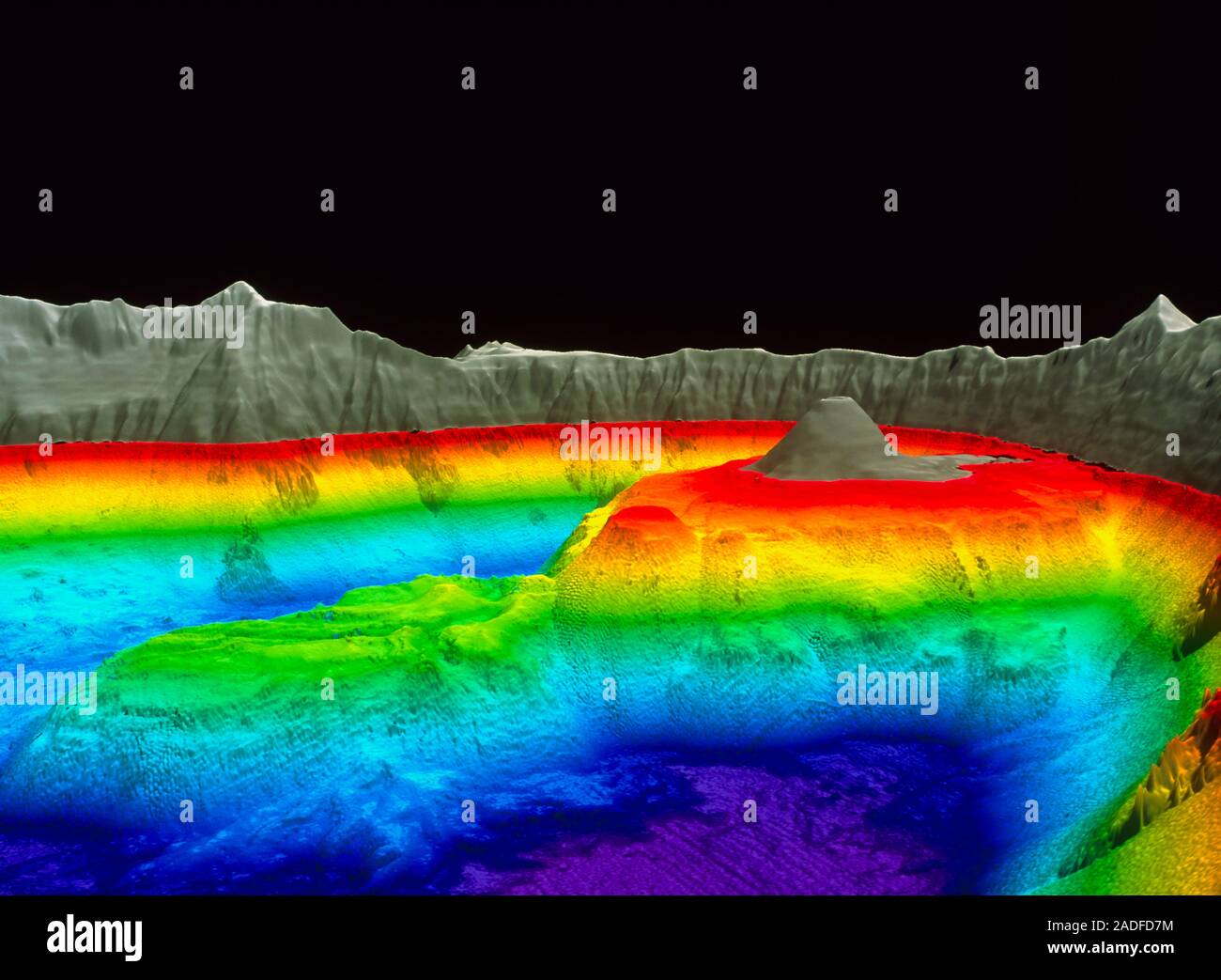 Crater Lake. Coloured three-dimensional shaded- relief water depth map ...