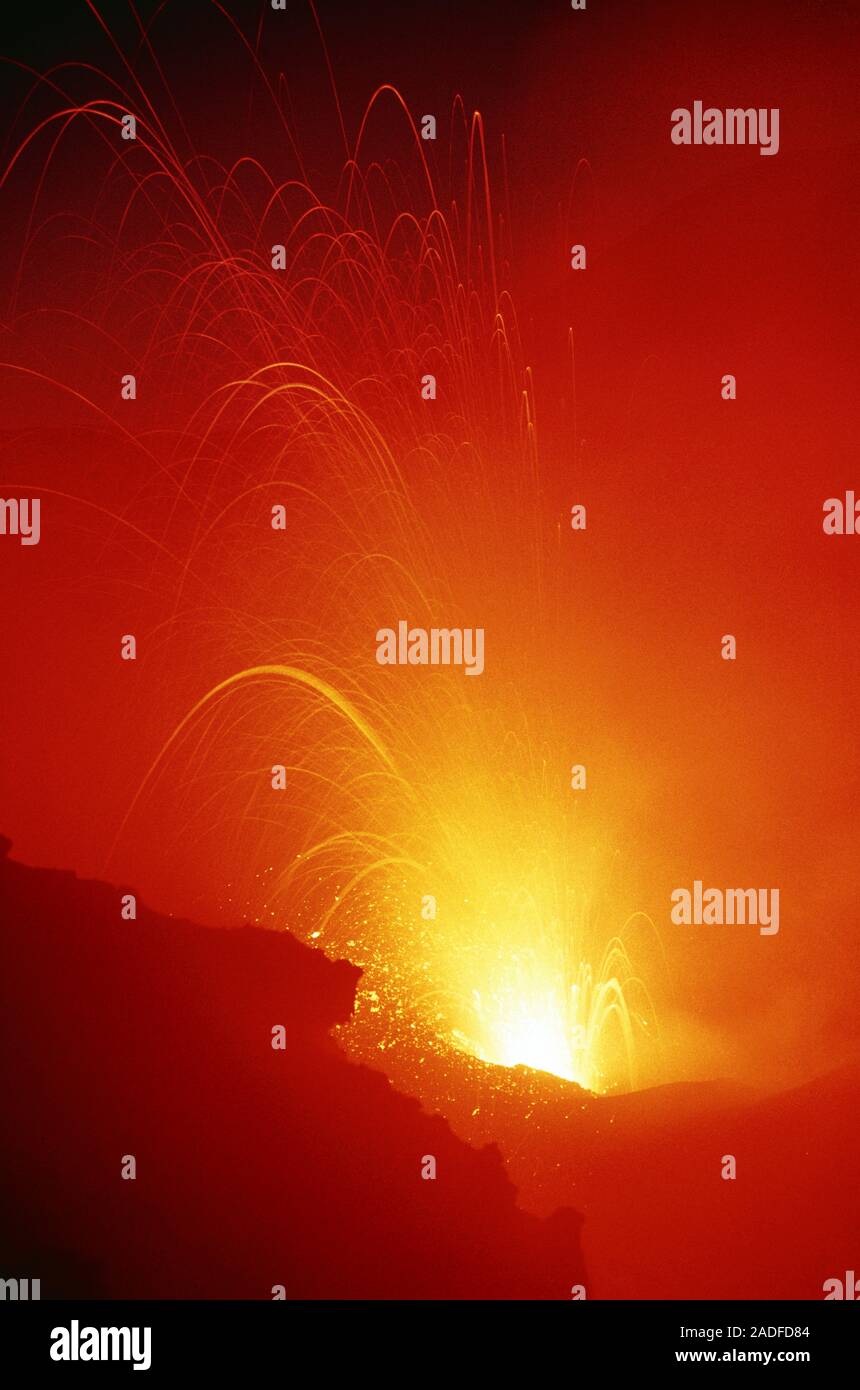 Volcanic eruption. Night time view of a Strombolian eruption of the ...