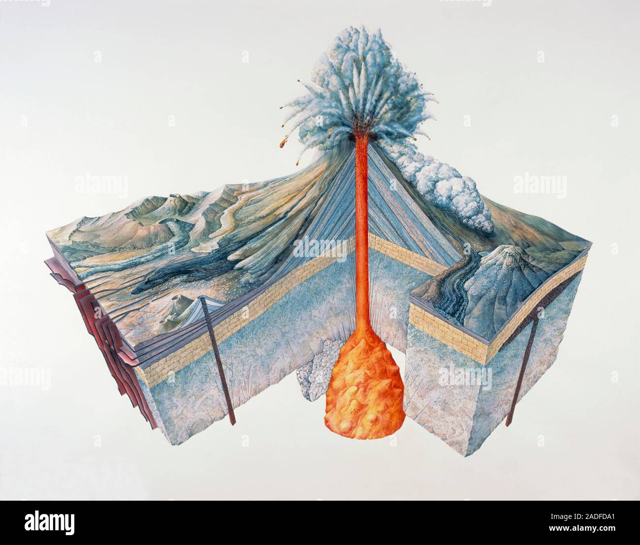 Volcanic eruption. Cut-away artwork of the eruption of a composite ...