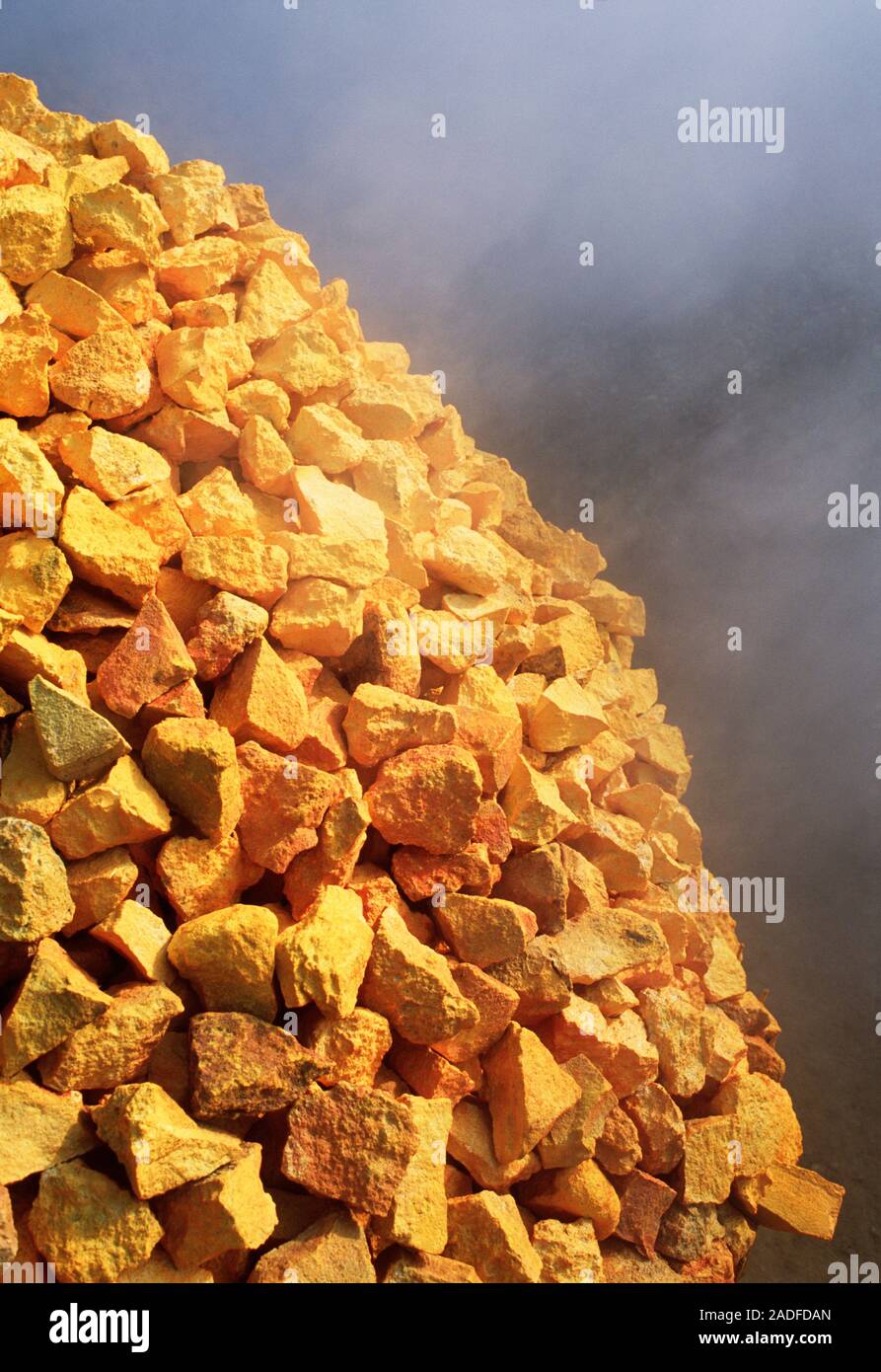 Sulphur rocks. Pile of sulphur rocks in a volcanic region. Elemental ...