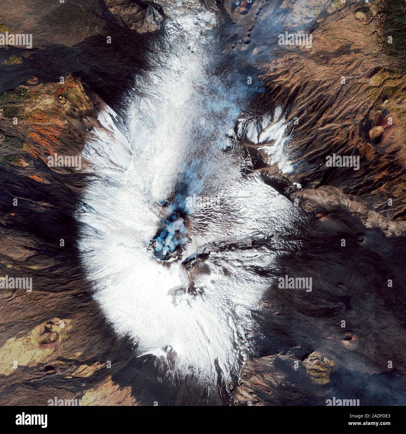 Mount Etna. Satellite image of plumes of smoke rising from the volcano ...