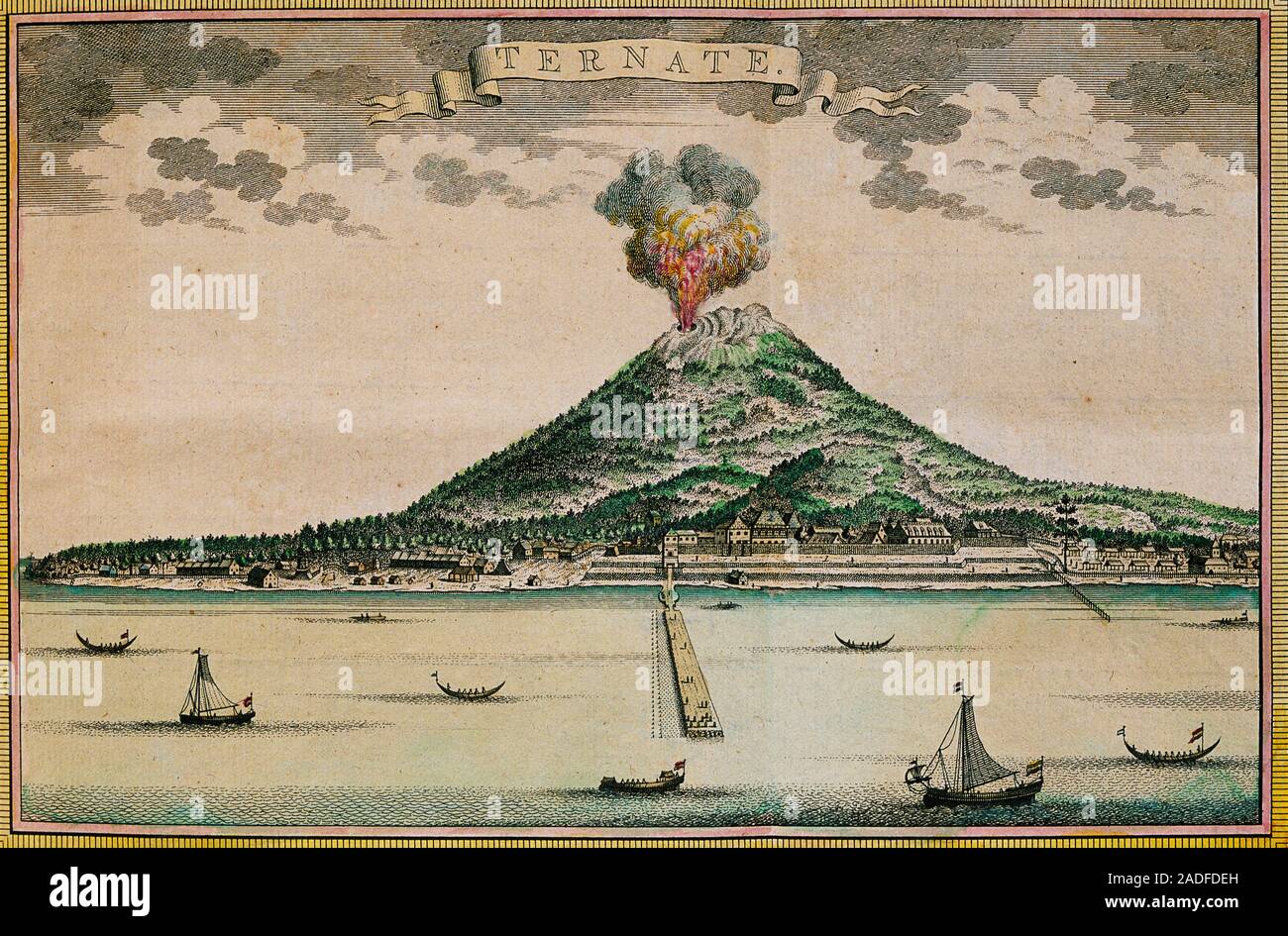Mount Gamalama erupting. Historical artwork of Mount Gamalama volcano ...