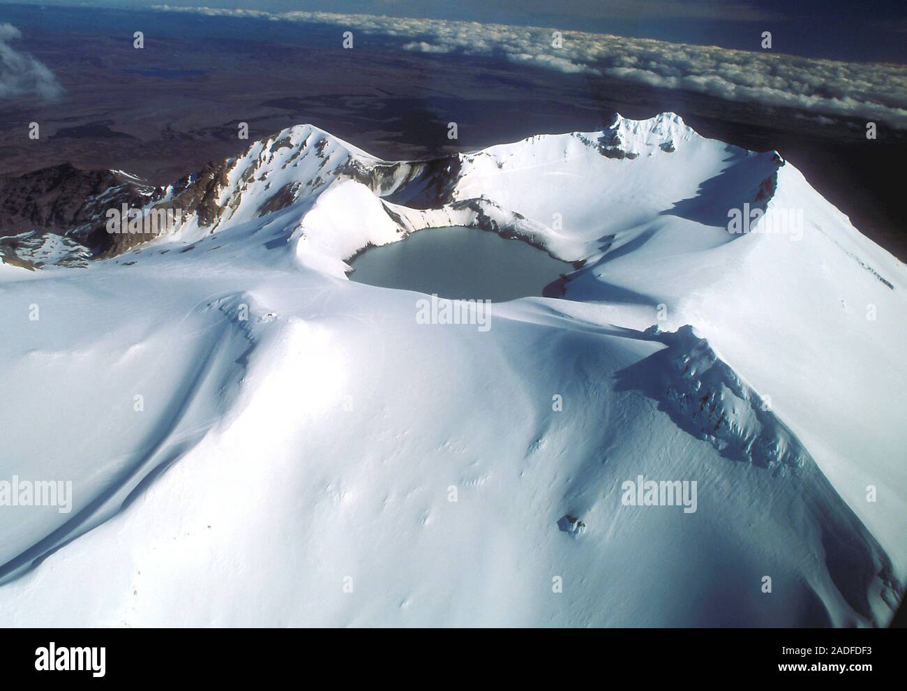 Mount Ruapehu, New Zealand, aerial photograph. These snowclad slopes ...