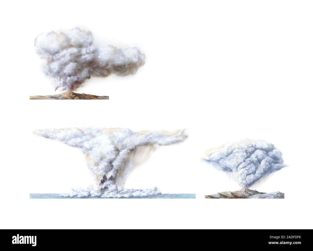 Types of volcanic eruption. Artwork showing three different types of ...