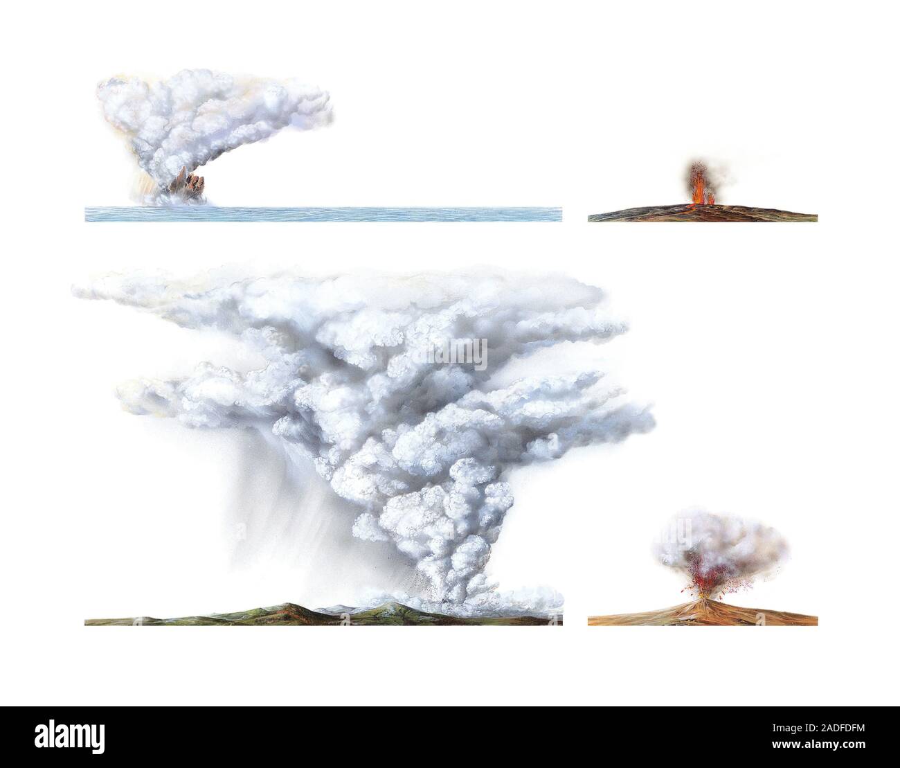 Types of volcanic eruption. Artwork showing four different types of ...