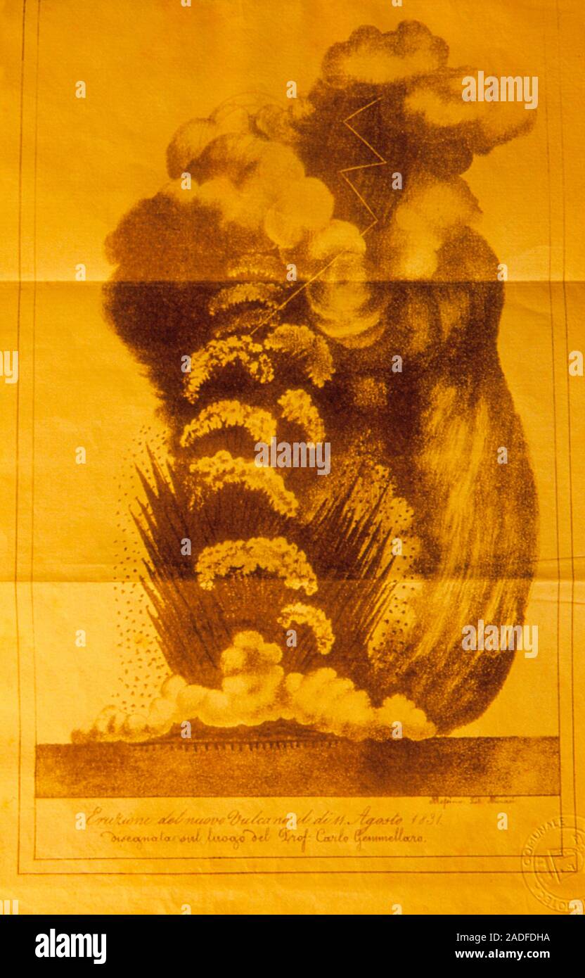 Eruption of Ferdinandea volcano, 1831, historical artwork. This volcano ...