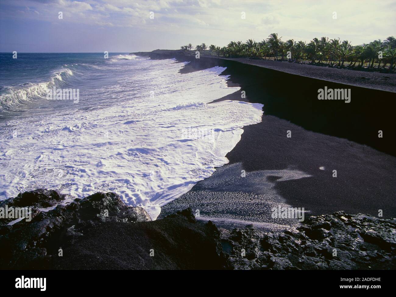 Black sand beach from lava fragments, in the Hawaii Volcanoes National ...