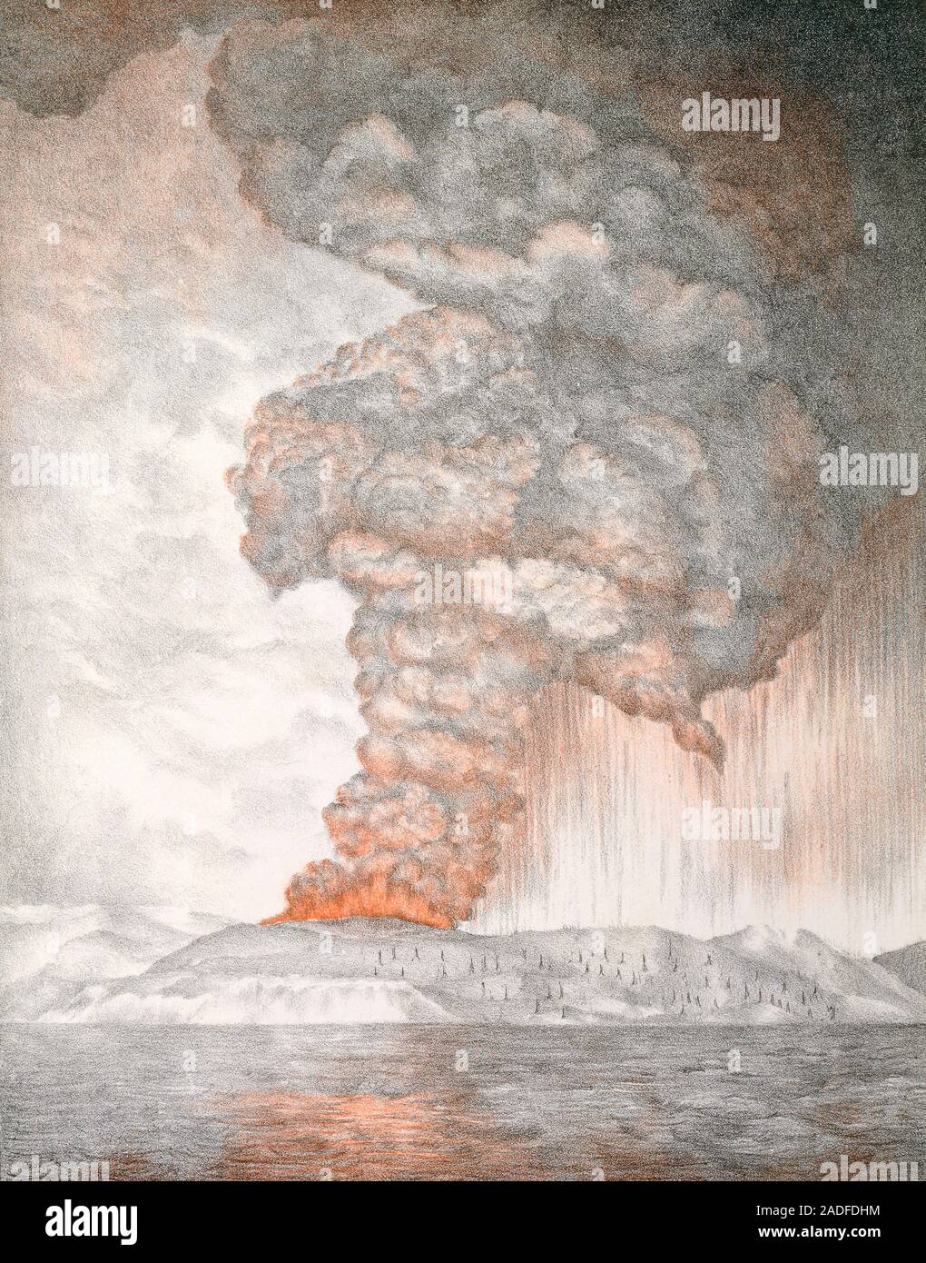 Eruption of Krakatoa. Artwork of the May 1883 eruption of Krakatoa, a ...