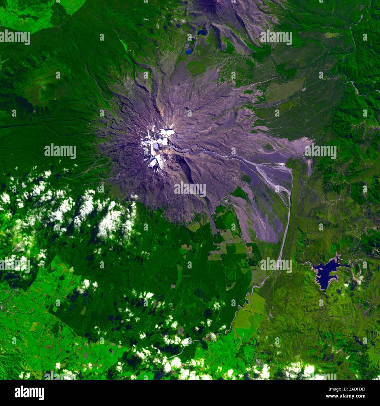 Mount Ruapehu lahar. Satellite image of Mount Ruapehu, New Zealand ...