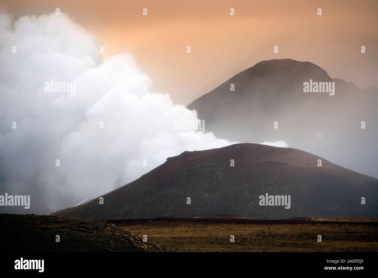 Krafla volcano. Volcanic steam erupting from Krafla's crater. This ...