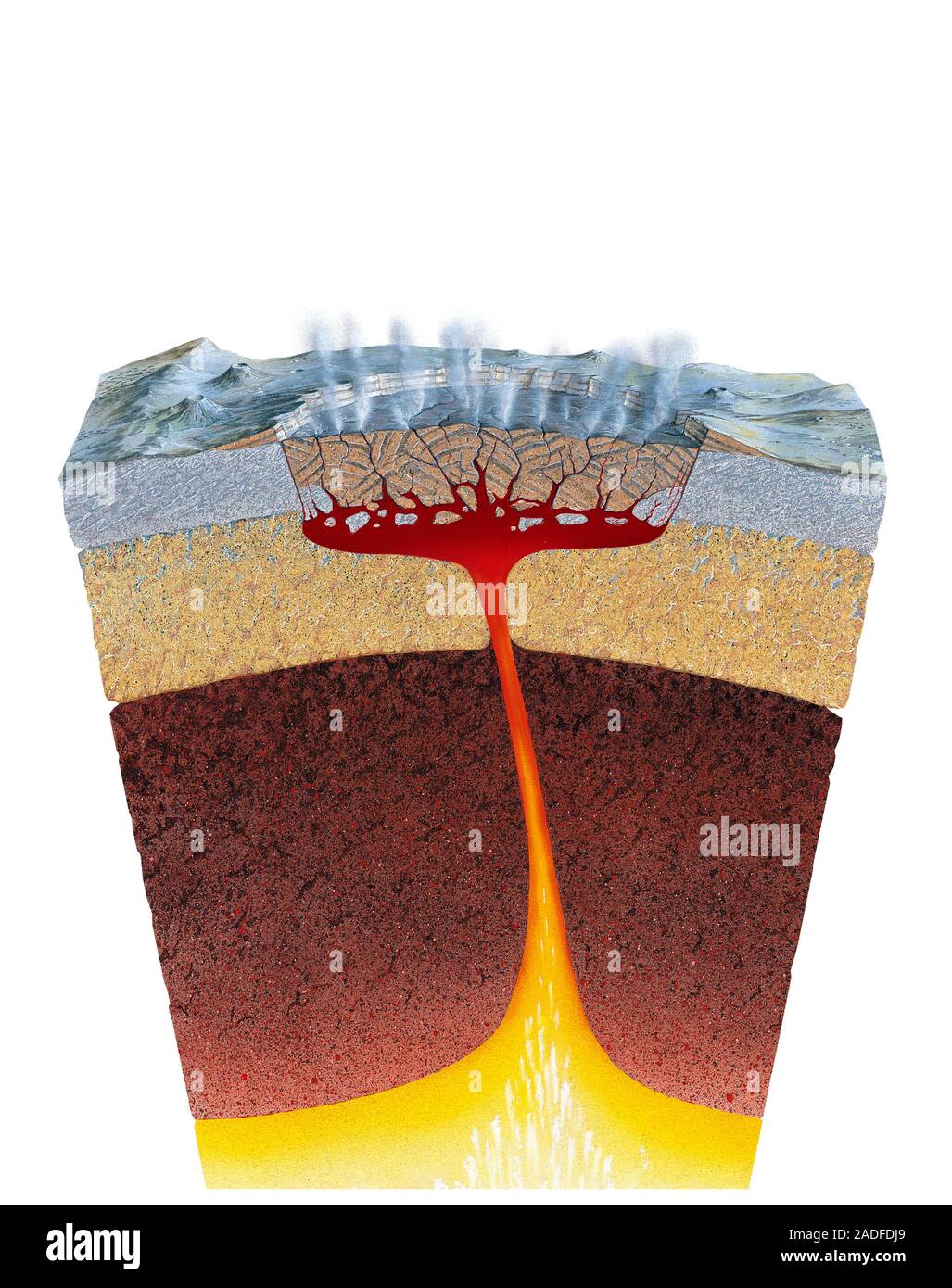 Caldera. Computer artwork of a caldera, a large basin-shaped volcanic ...