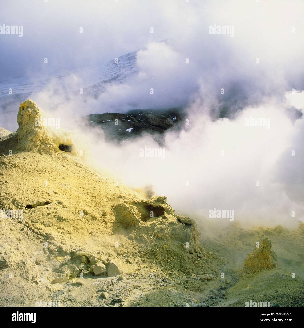 Sulphur deposits. View of yellow sulphur deposits around vents on the ...