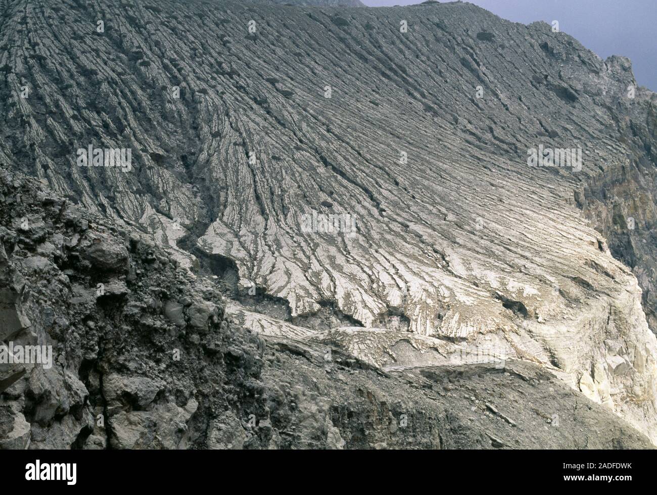 Volcanic crater. Layers of soft tephra forming the crater of the Kawah Ijen volcano in Java ...