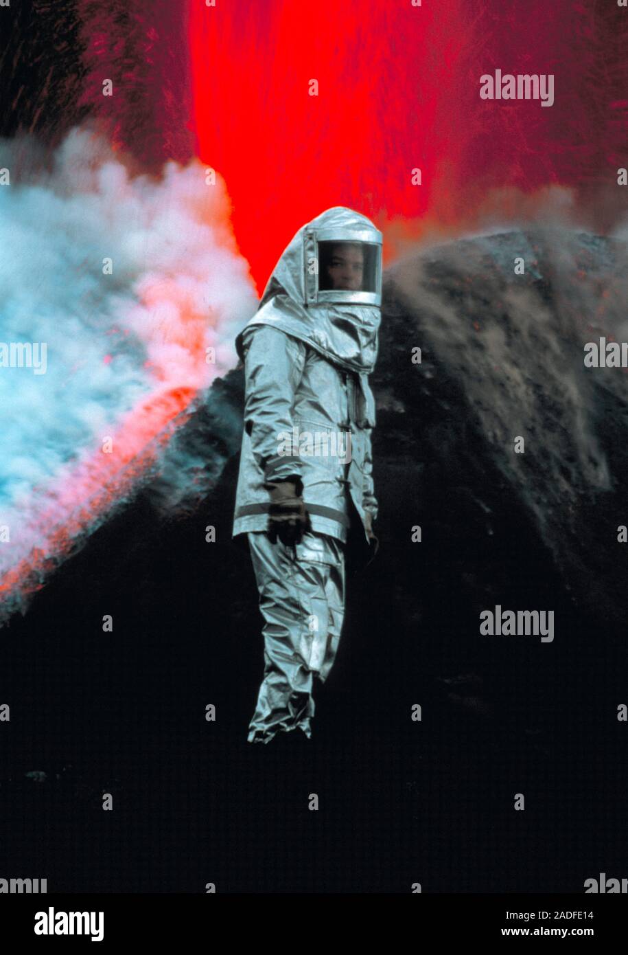 Volcanologist wearing a heat suit as he stands by an eruption of ...