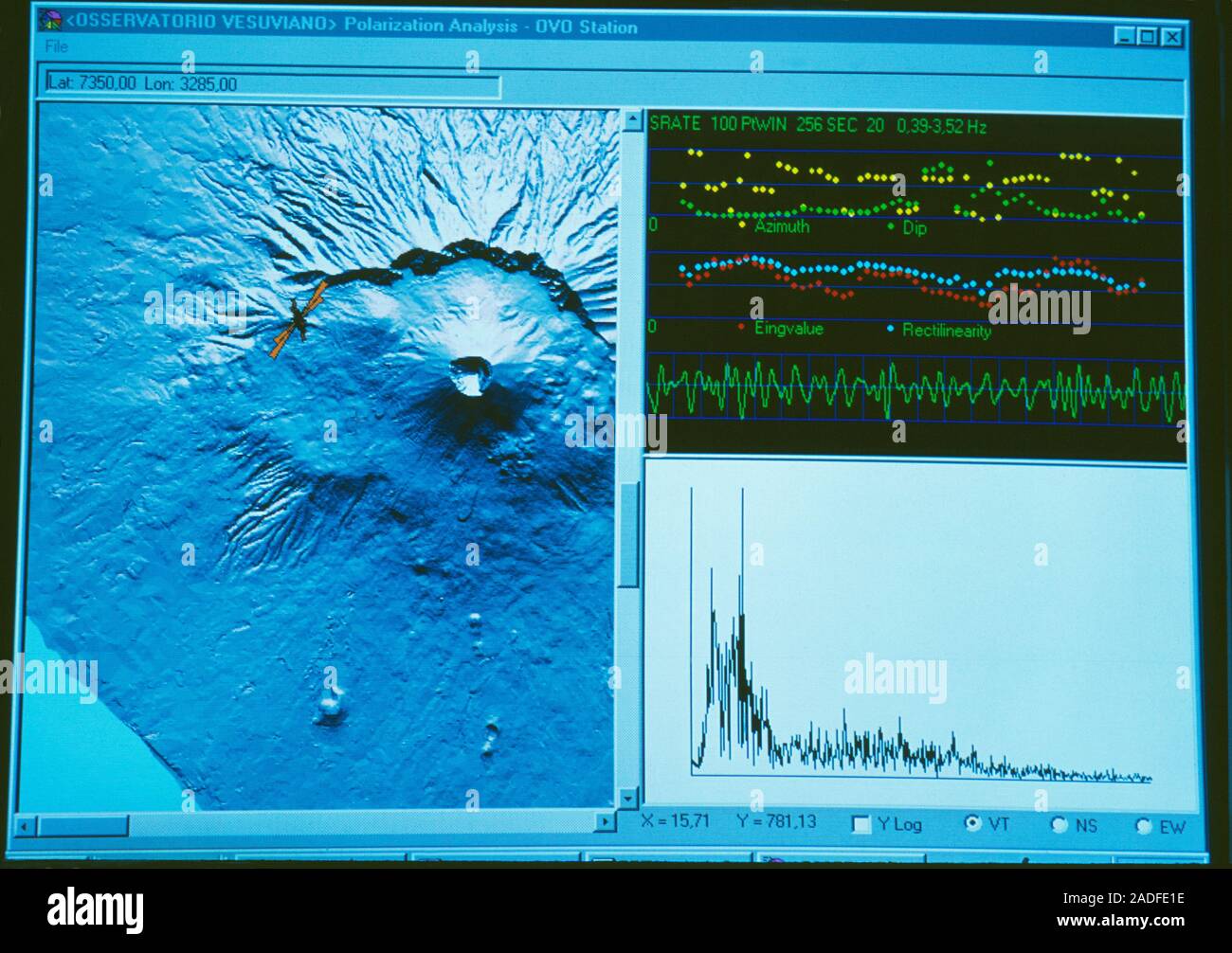 Volcano monitoring. Computer screen at a volcano observatory, showing ...