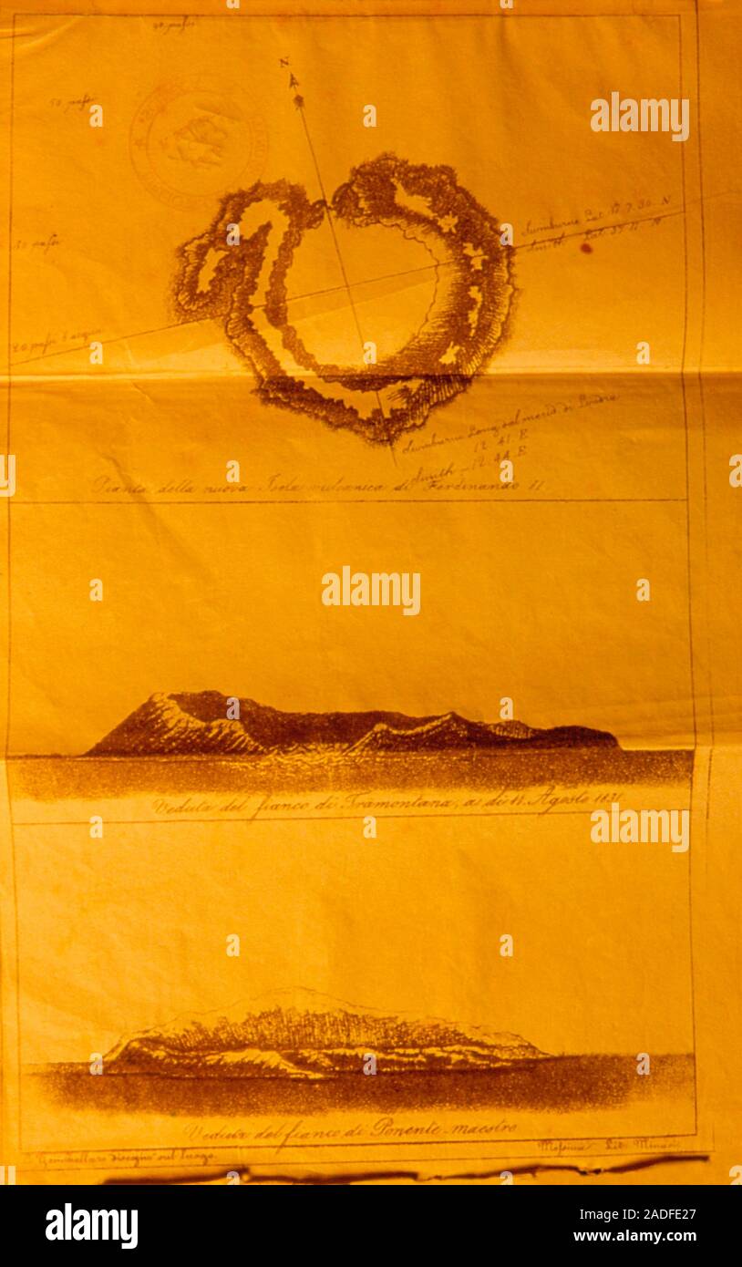 Study of Ferdinandea volcano, 1831, historical artwork. The volcano is ...