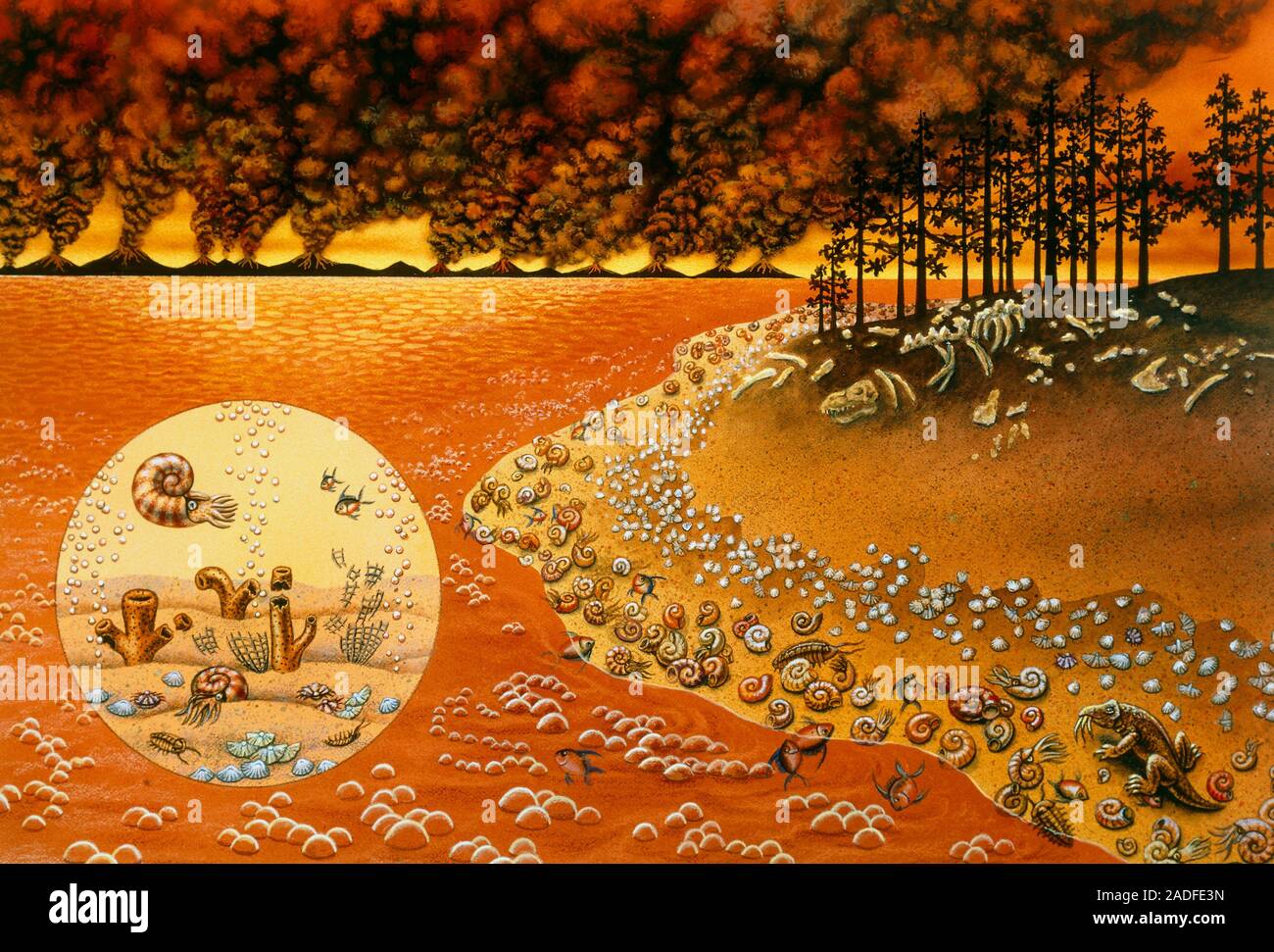 Mass extinction. Artwork of the mass extinction of life that occurred ...