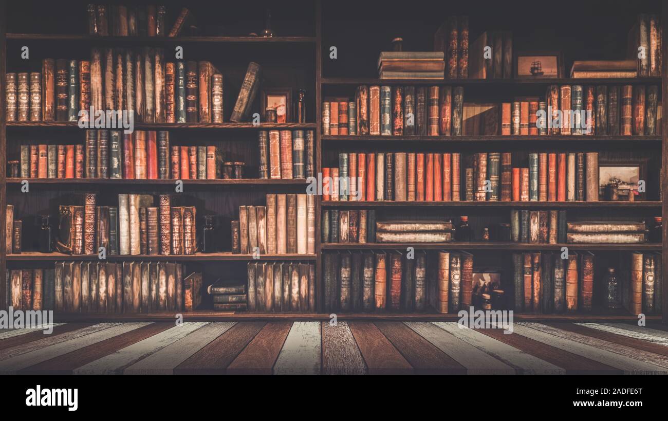 blurred bookshelf Many old books in a book shop or library Stock Photo ...