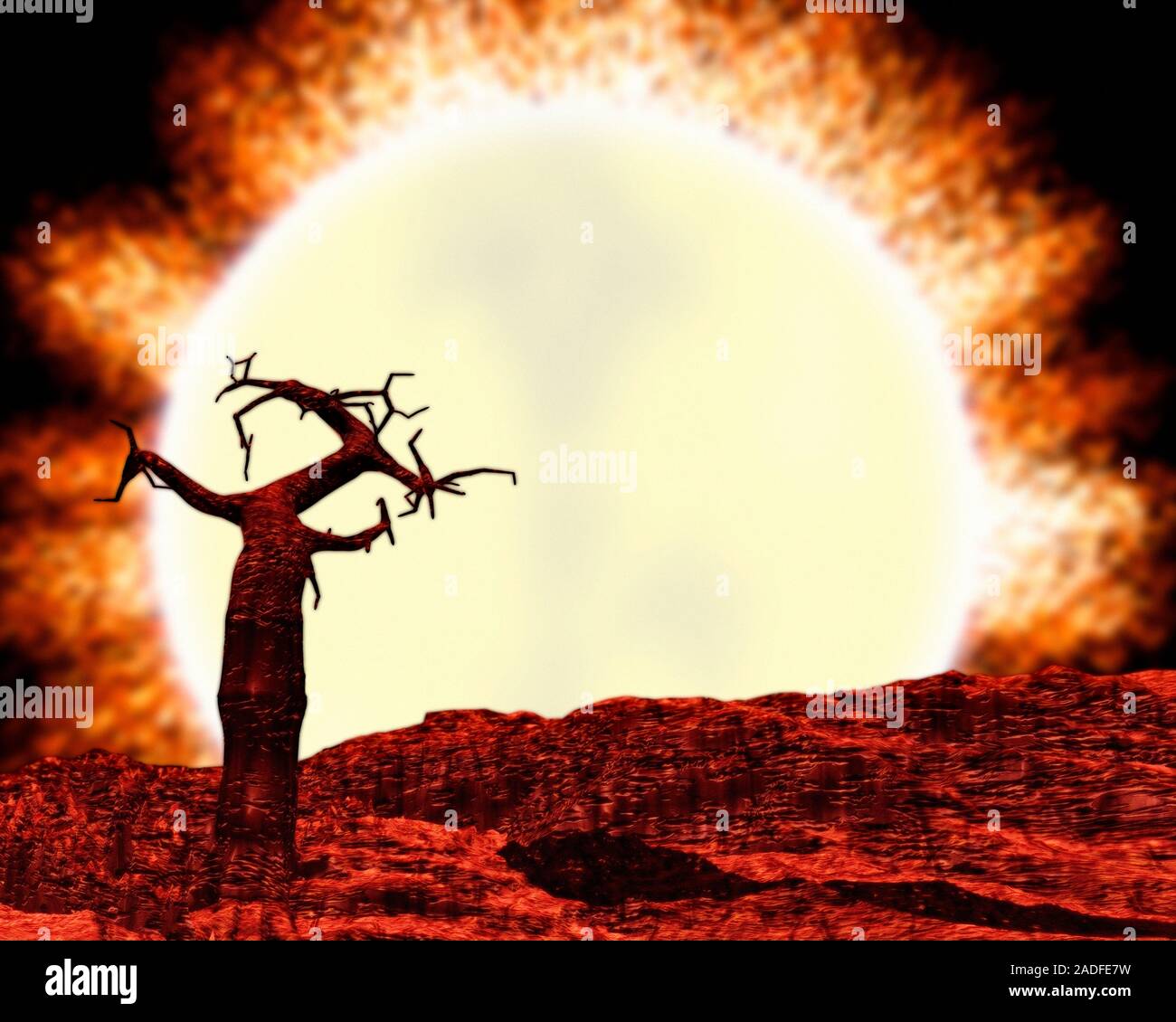 Dying Earth. Computer artwork of the future Sun heating a scorched ...