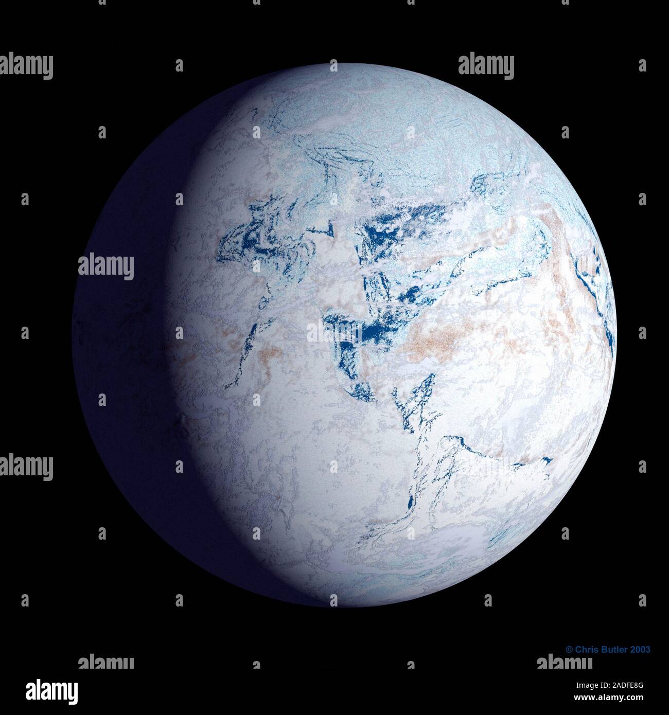Snowball Earth. Computer artwork of the Earth frozen in snow and ice ...