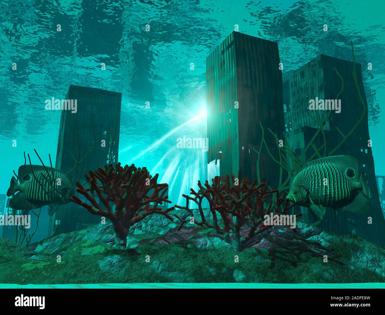 Drowned city. Conceptual computer artwork of buildings beneath the sea ...