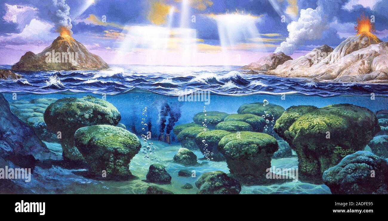 Archaean Earth. Illustration of the Earth as it may have been in the Archaean eon (3.8 to 2.5 ...