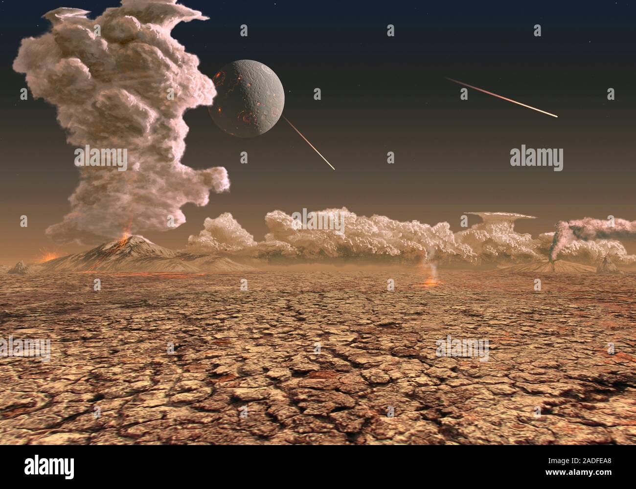 Early Earth. Computer artwork of volcanic eruptions and meteorites ...