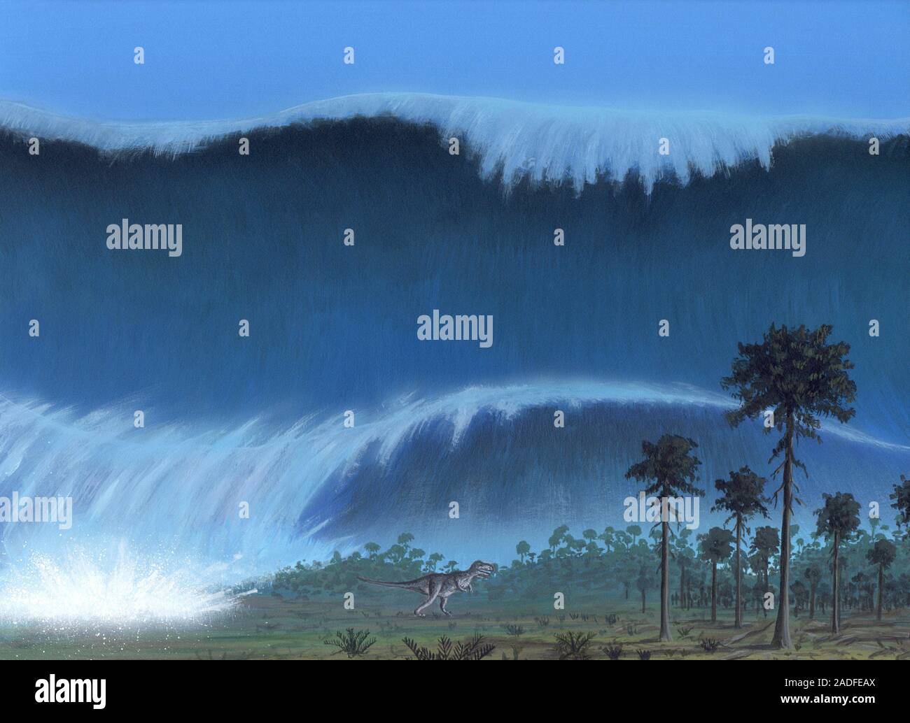 Cretaceous-Tertiary extinction event. Image 6 of 8. Artwork of a tsunami engulfing a dinosaur ...