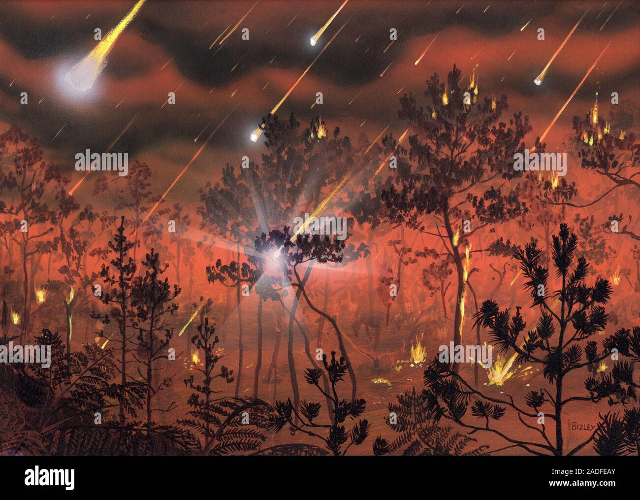 Cretaceous-Tertiary extinction event. Image 7 of 8. Artwork of ejecta ...