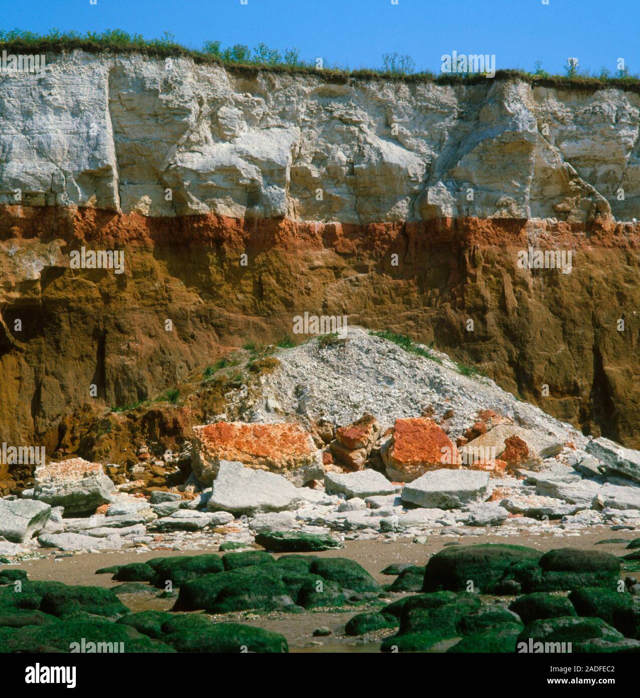 Cliffs at Hunstanton, Norfolk showing three distinct layers of rock ...