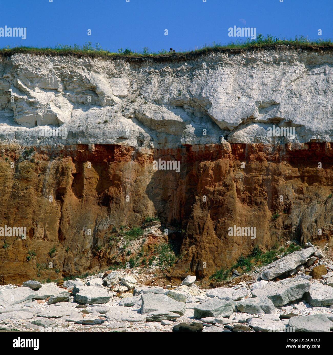 Cliffs at Hunstanton, Norfolk showing three distinct layers of rock ...