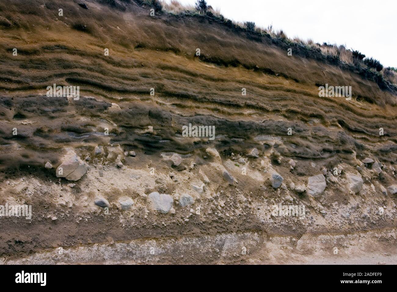 Volcanic sediment. Layers of sediment, ash and mud deposited by ...
