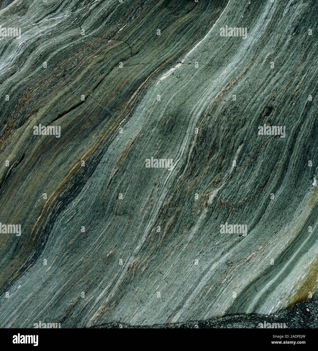 Rock face. Exposed, smooth sedimentary rock face showing diagonal bands ...