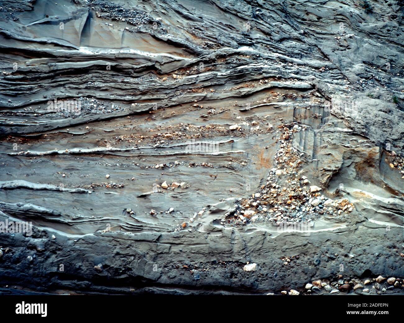 Glacial sediments. The cracked and collapsed layers of this sediment ...