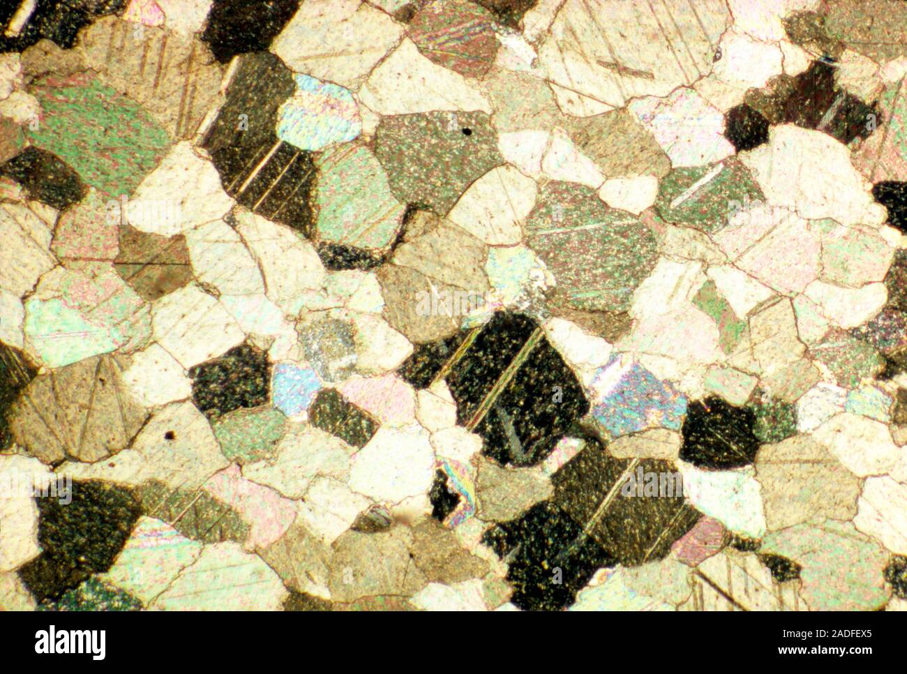 Polarised light micrograph of a thin section of crystalline marble from ...