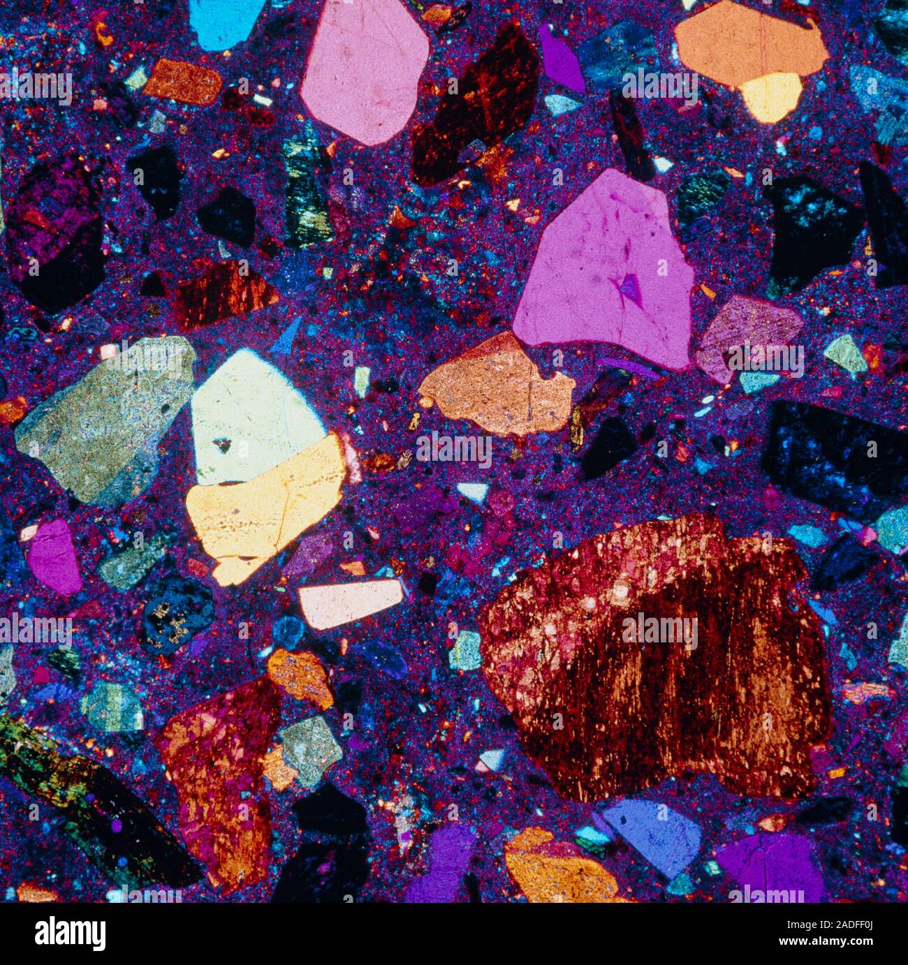 Polarised light micrograph of a thin section of quartz porphyry, a type ...