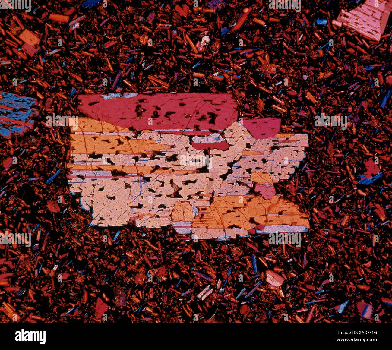 Andesite. Polarised light micrograph of a thin section of andesite ...