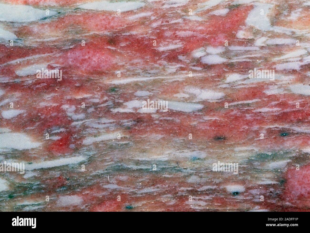 Marble. Cut surface of marble, a type of metamor- phic rock derived ...