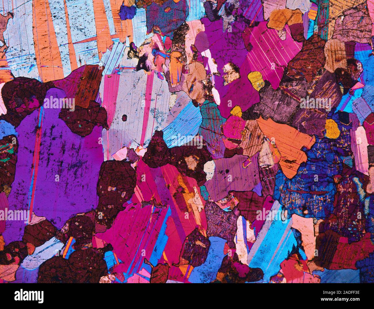 Gabbro. Polarised light micrograph of a section of gabbro, an igneous ...