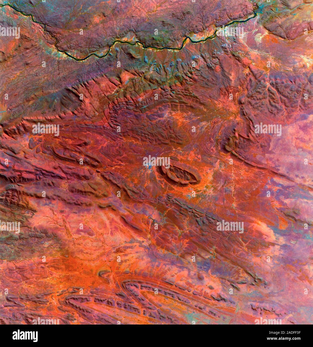 Igneous rock landscape, Namibia, satellite image. North is at top. The ...