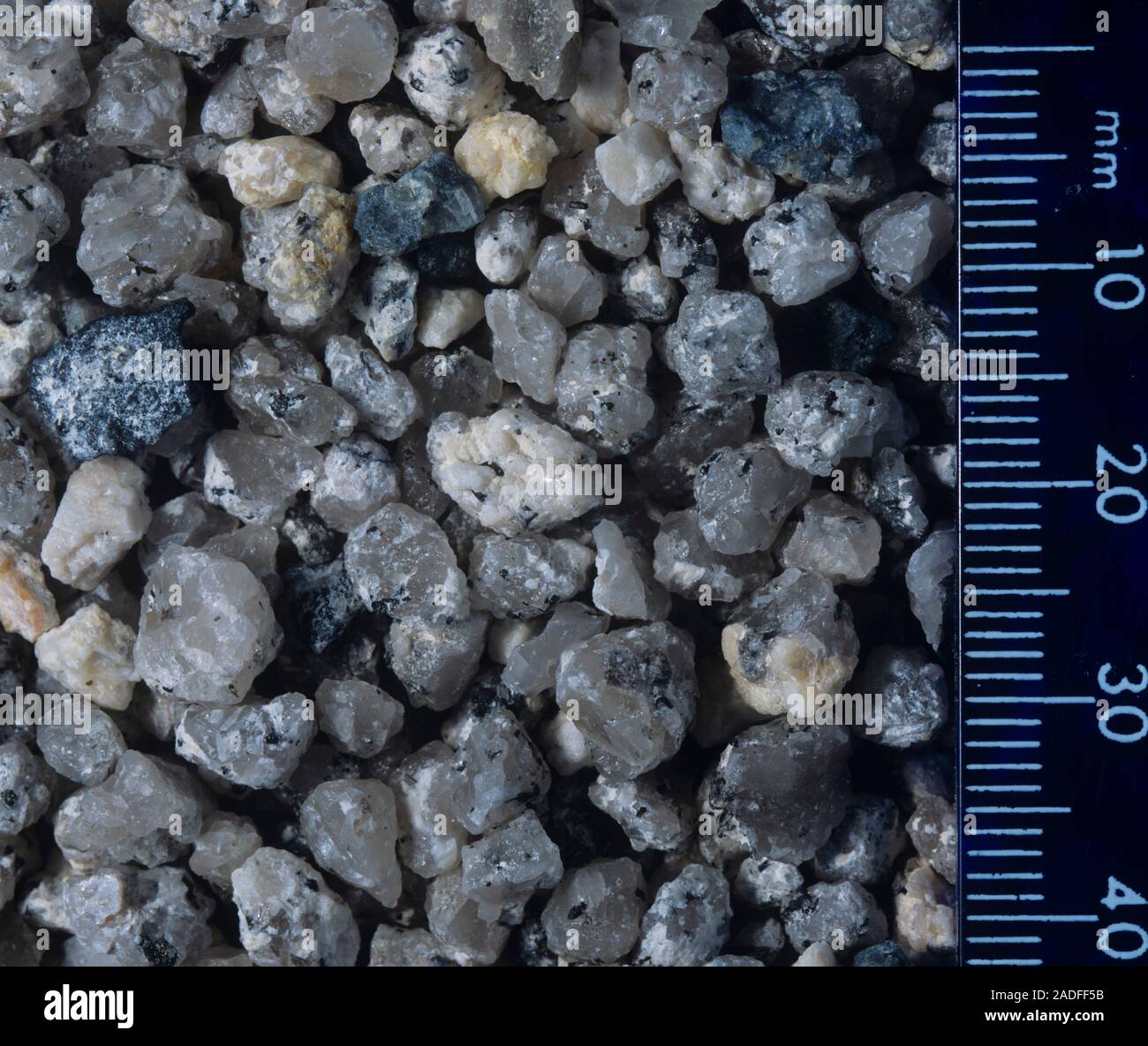 Cornish grit with ruler (right) indicating scale in millimetres. These ...