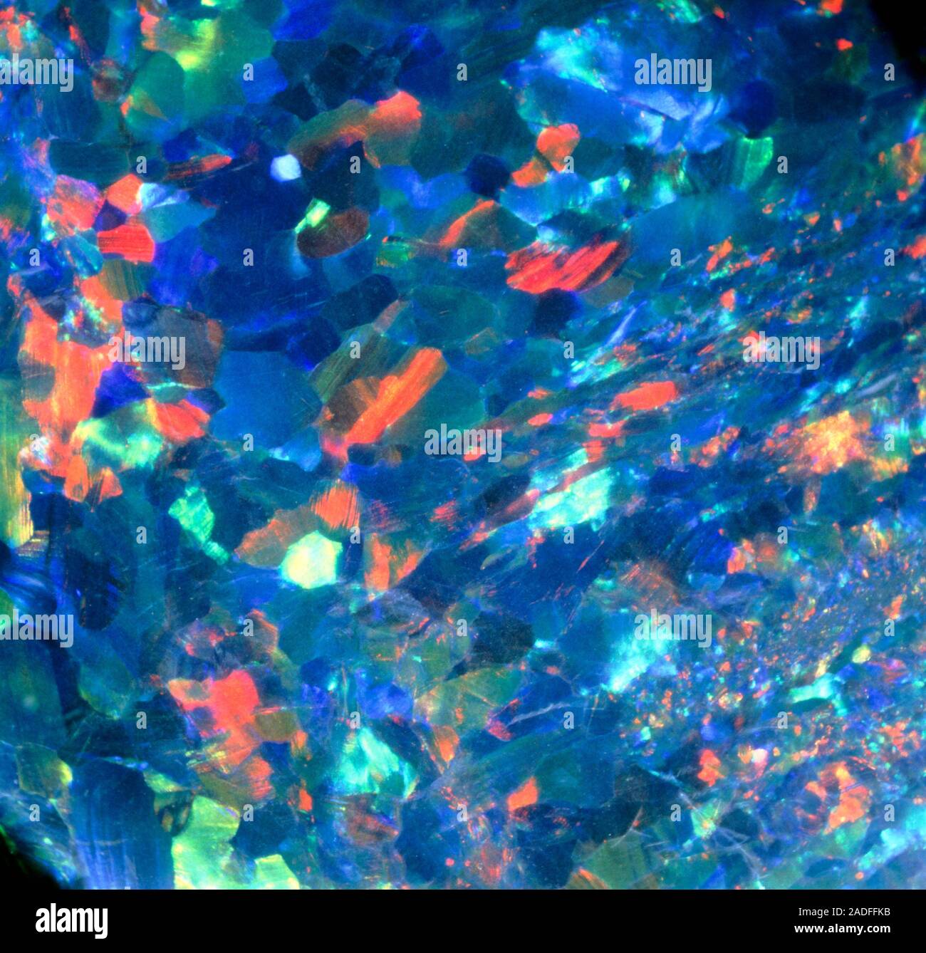 Opal. Close-up view of a piece of blue, iridescent opal. Opal is ...