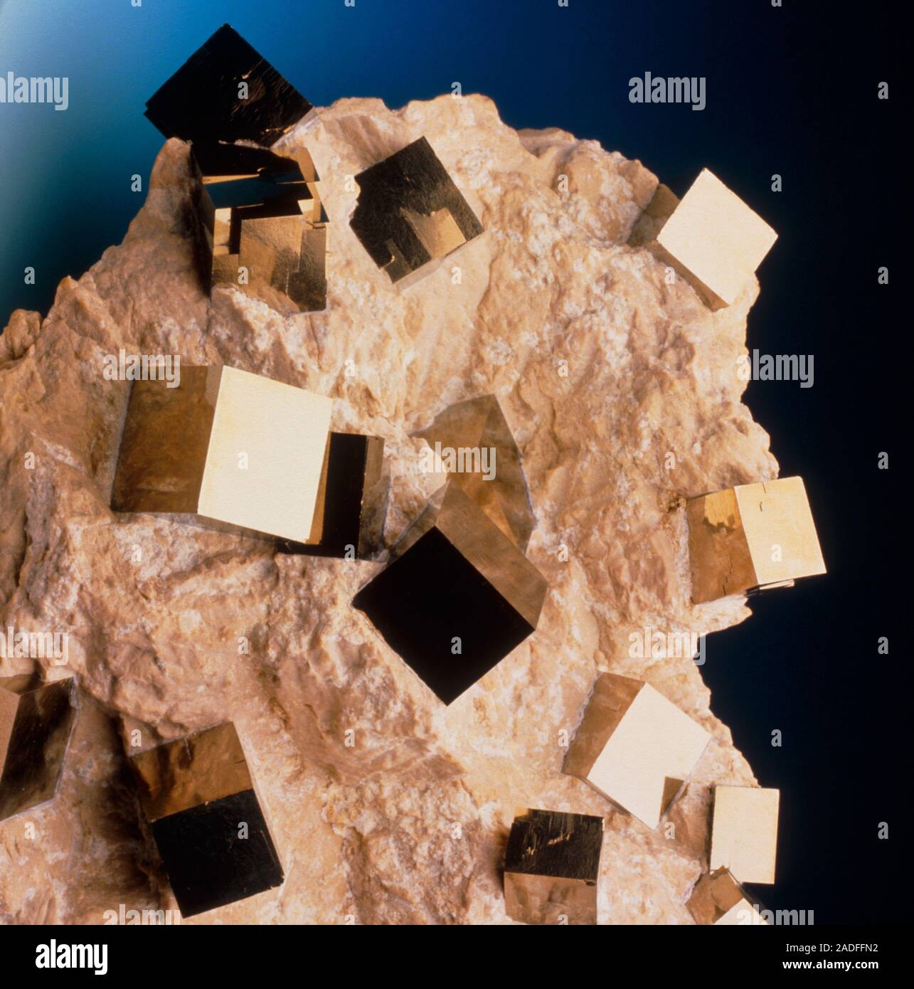 Pyrite. Macrophotograph of a sample of pyrite (iron sulphide). This is ...