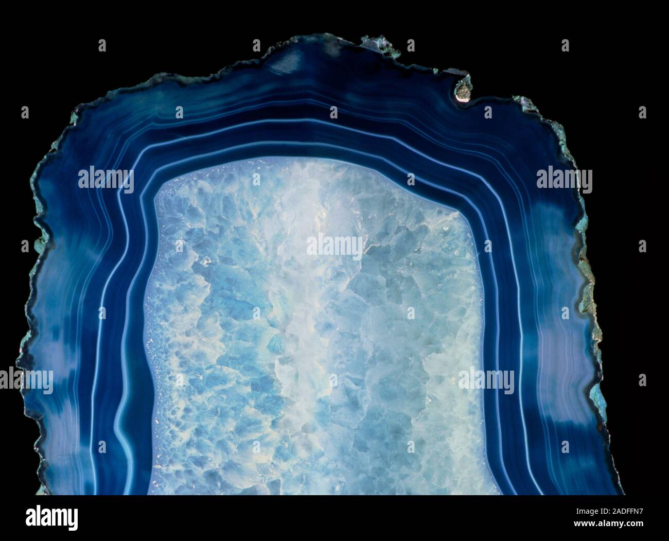 Polished blue agate. Close up surface of a polished slice of blue agate ...