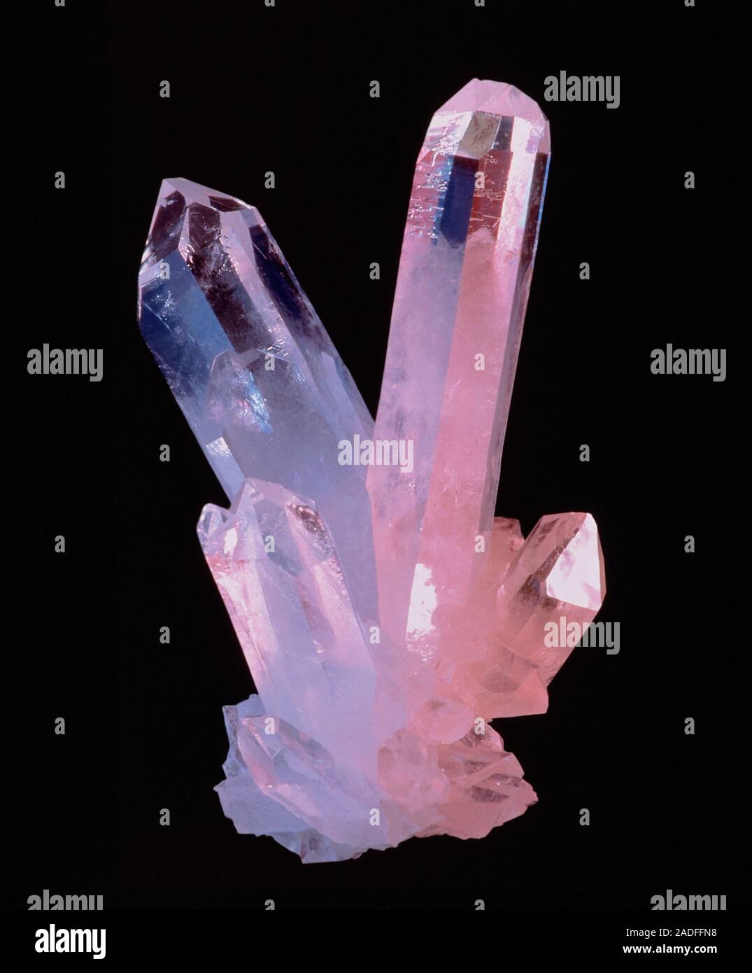 Quartz. A cluster of clear quartz crystals (rock crystals) against a ...