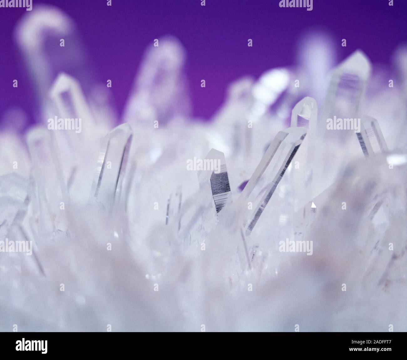 Quartz crystals. Close-up of quartz or silicon dioxide (SiO2), one of ...