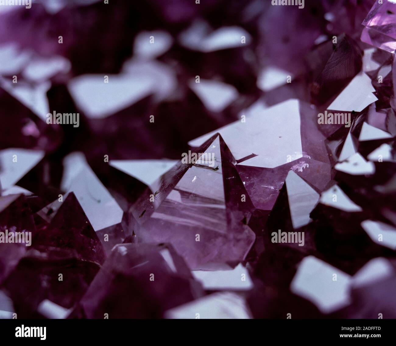 Amethyst crystals, a variety of quartz, (silicon dioxide). The purple ...