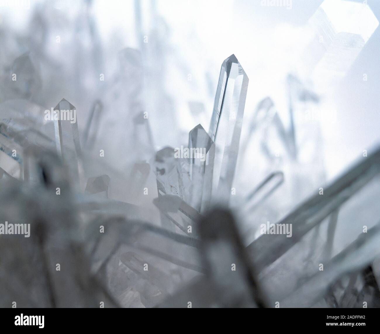 Quartz crystals. Close-up of quartz or silicon dioxide (SiO2), one of ...
