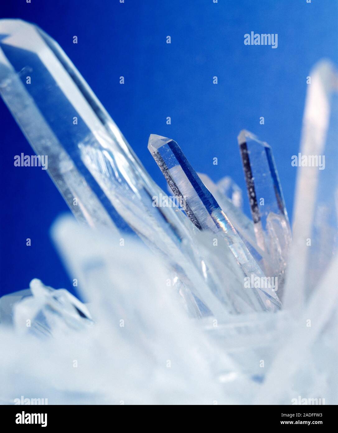 Quartz crystals. Close-up of quartz or silicon dioxide (SiO2), one of ...