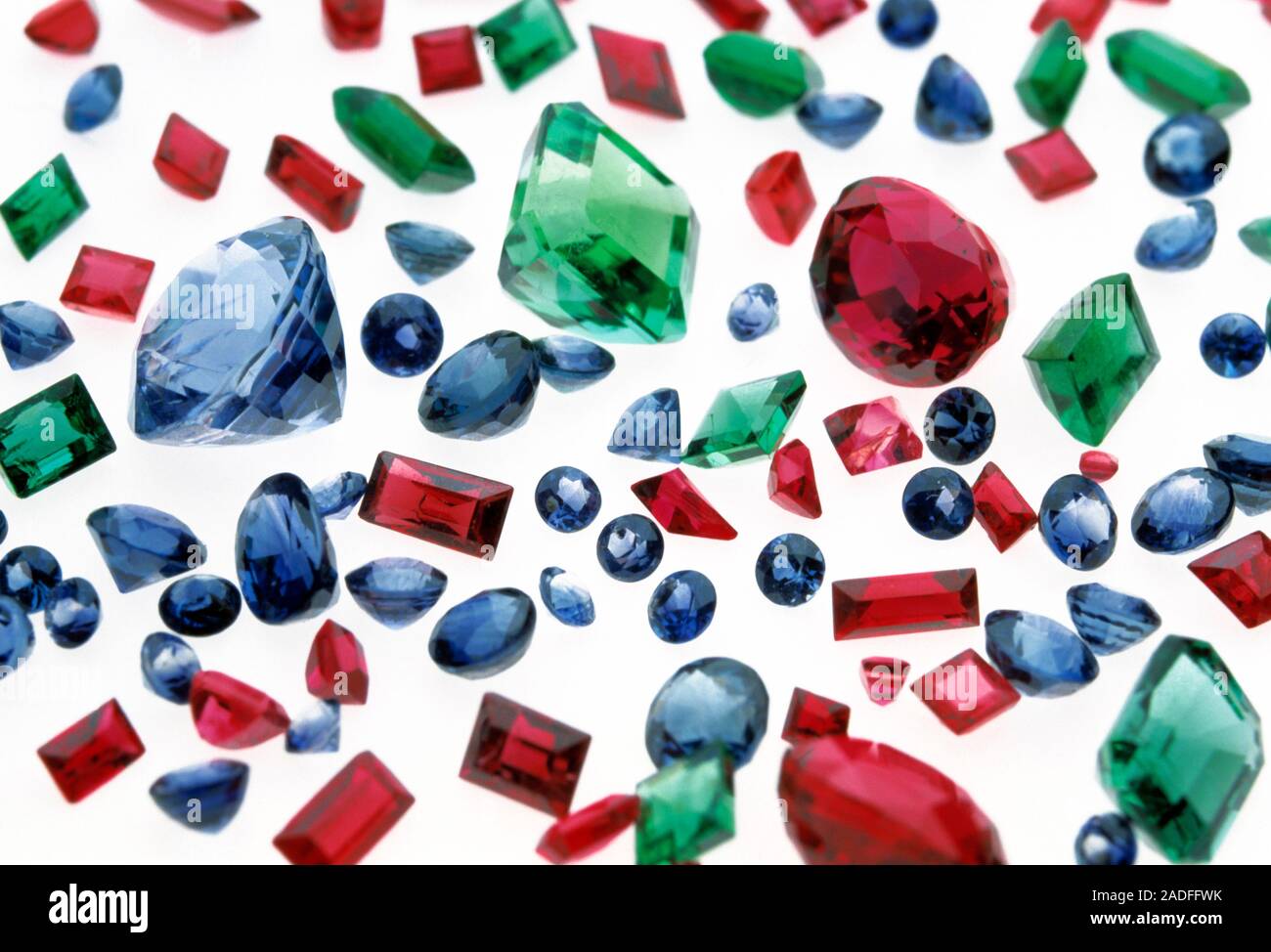 Precious gemstones of ruby (red), sapphire (blue) & emerald (green ...
